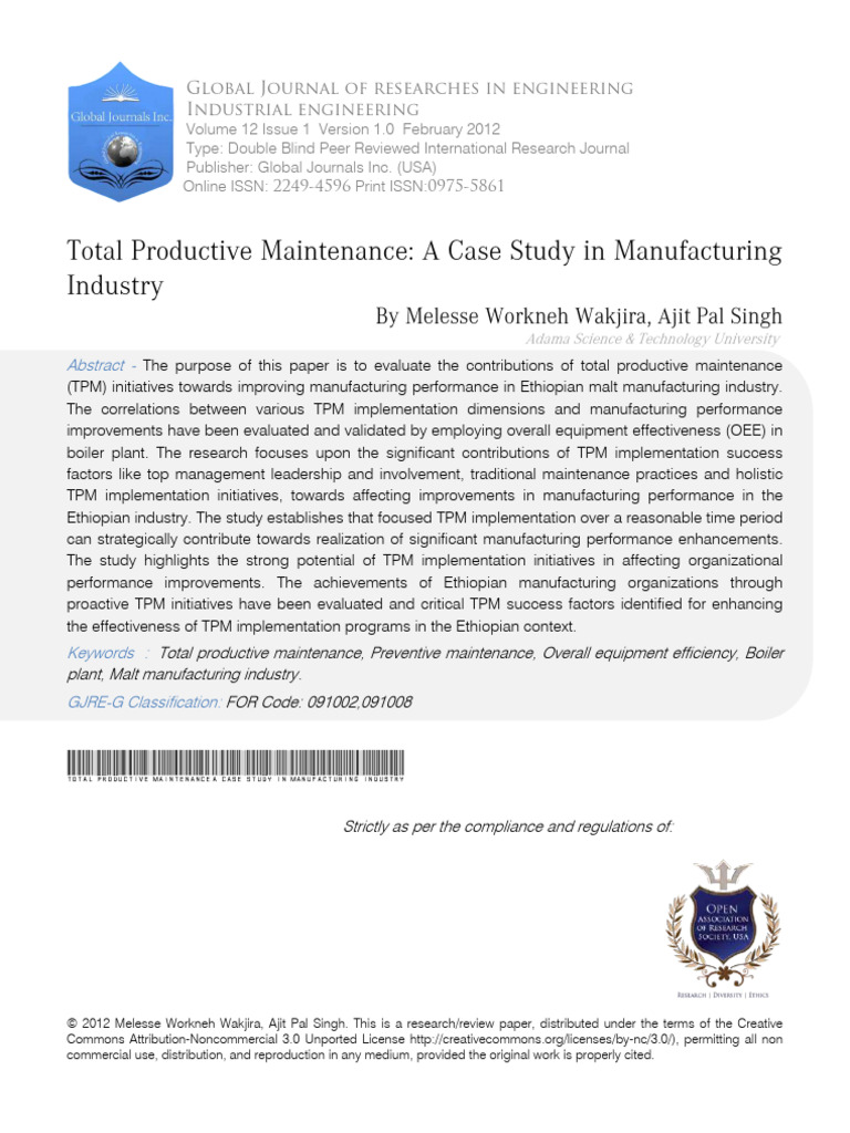 Total Productive Maintenance A Case StudY | PDF | Reliability Engineering | Business