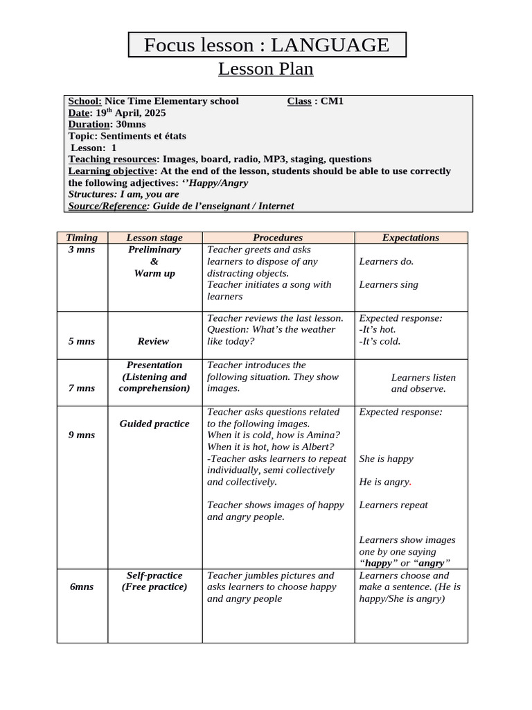Example of LESSON PLAN - Happy and Angry | PDF