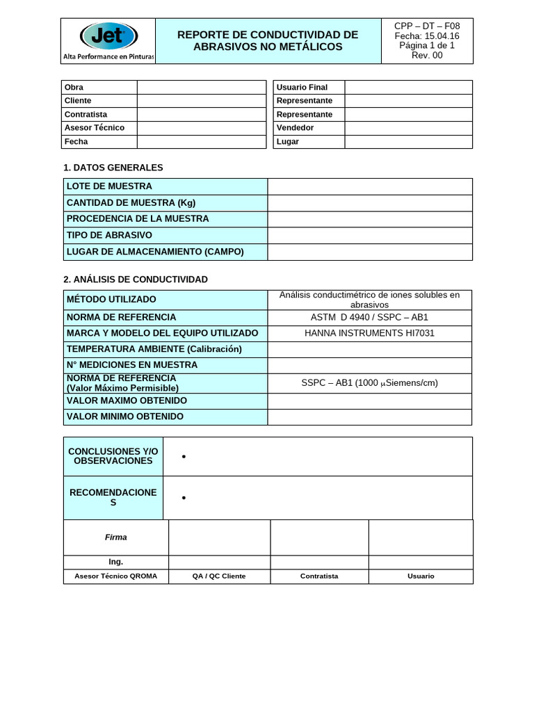 CPP-DT-FO8 REPORTE DE CONDUCTIVIDAD ABRASIVOS NO MET+üLICOS | PDF