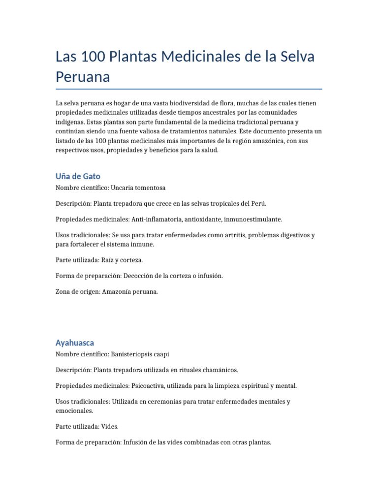 Plantas Medicinales Selva Peruana | PDF