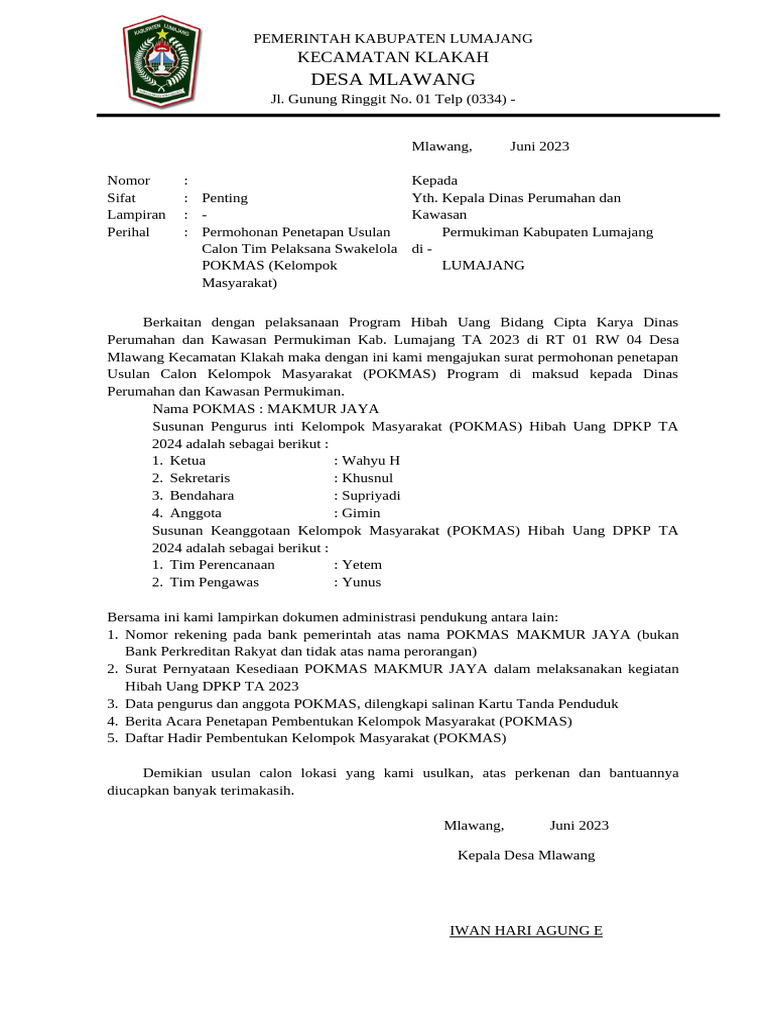 Permohonan POKMAS Mlawang 2023 | PDF
