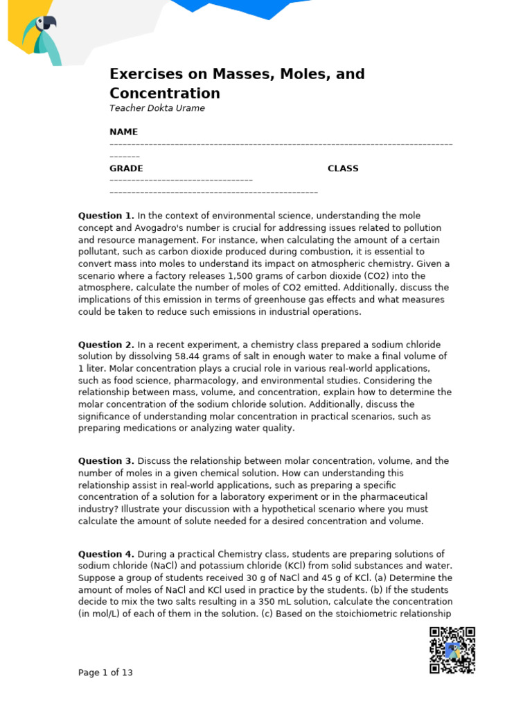 Exercises On Masses, Moles, and Concentration | PDF | Stoichiometry ...