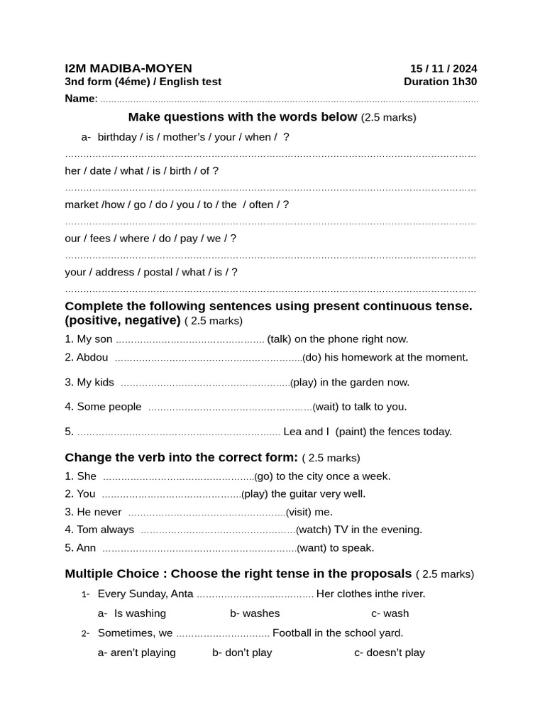 1st Test For The 3rd Form 4éme | PDF | Linguistic Morphology | Semantic ...