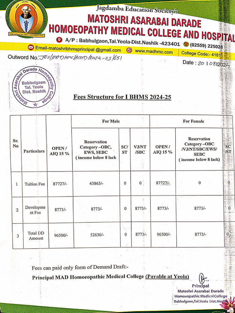 Fee Structure For A.Y 2024 25 | PDF