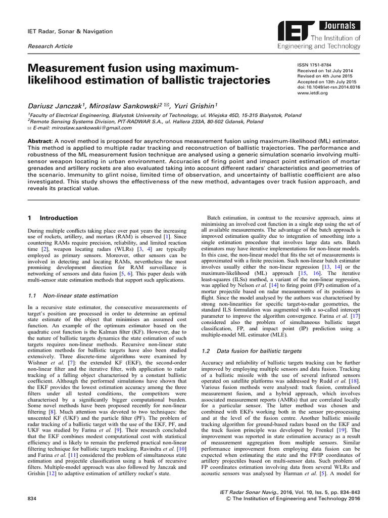 JANCZAK 2016 - Measurement Fusion Using Maximum Likelihood Estimation of Ballistic Trajectories ...
