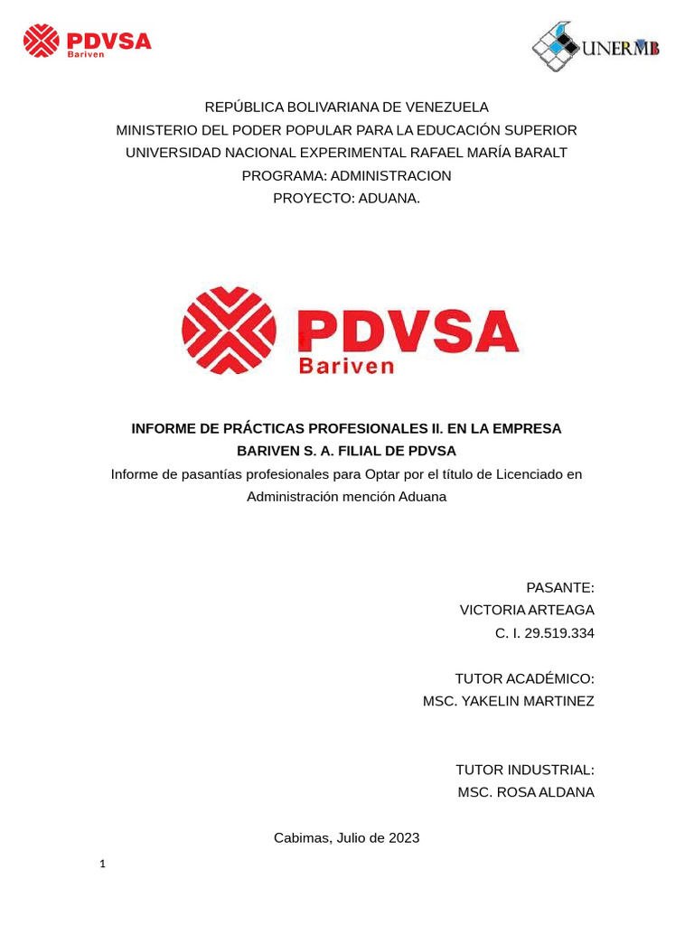 Informe de Práctica Profesionales Ii. Bariven | PDF | aduana | Business