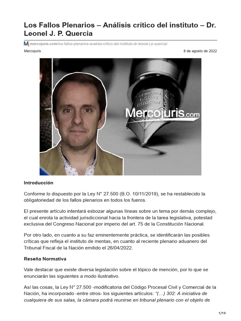 Los+Fallos+Plenarios+-+Análisis+crítico+del+instituto+-+Dr +Leonel+J +P +quercia | PDF | Caso de ...