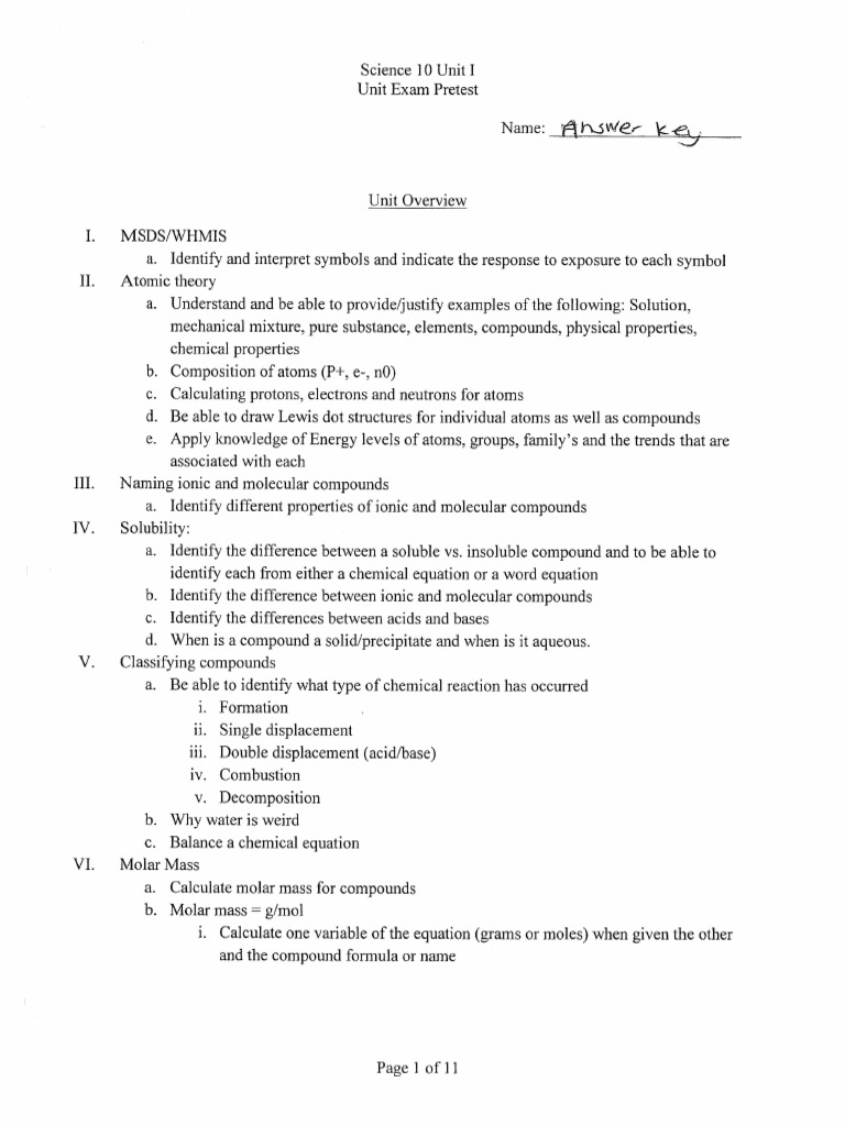 Science 10 Unit I Exam Pretest Guide | PDF | Sodium Hydroxide | Chlorine