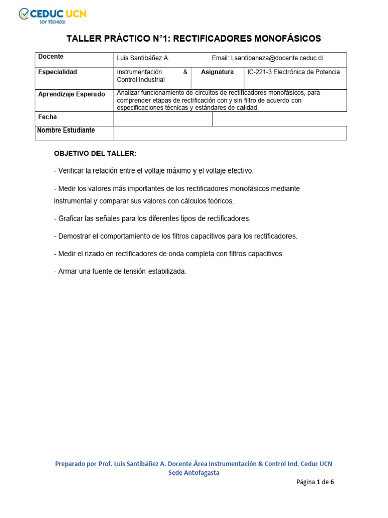 Taller Práctico N°1 - Rectificadores Monofásicos | PDF | Rectificador ...
