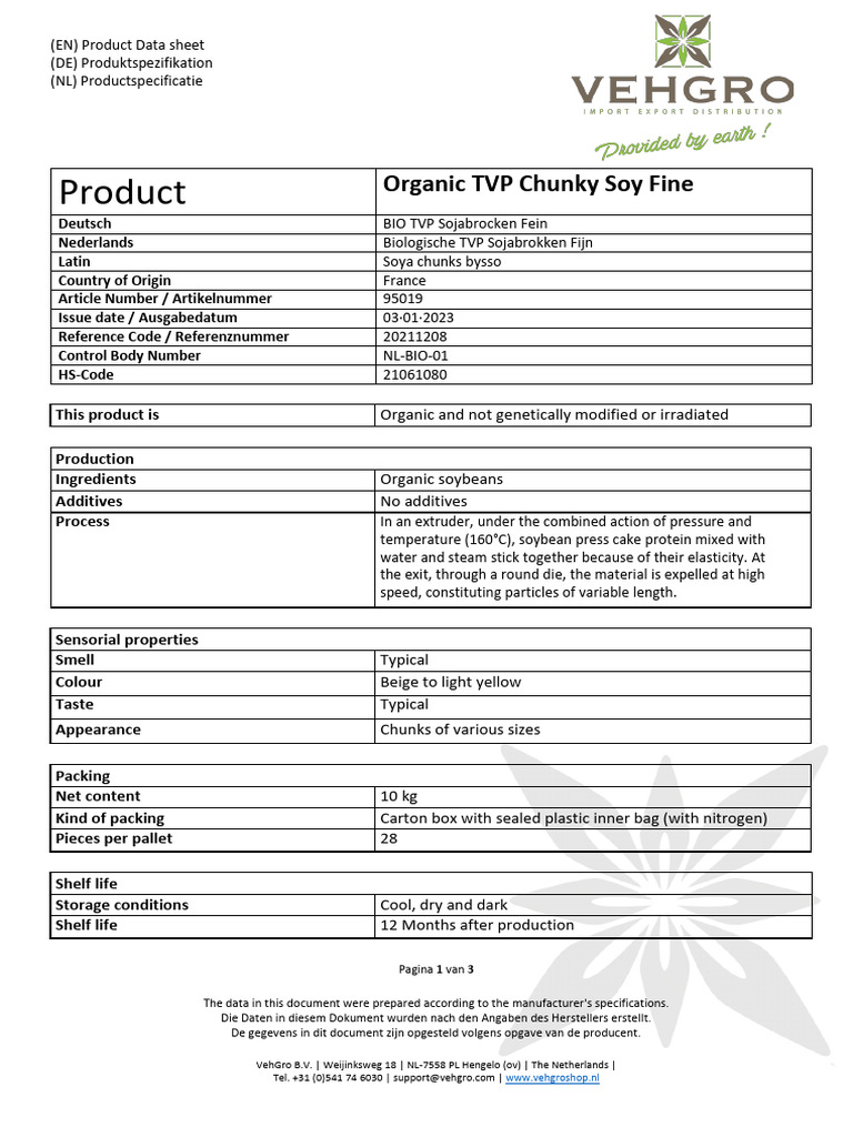 Organic Soy TVP Product Specification | PDF | Soybean