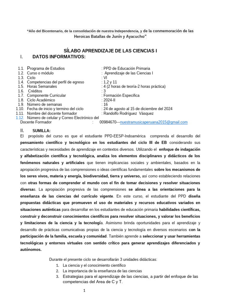 1.-Aprendizaje de Las Ciencias I Silabo - Ppd. | PDF | Plan de estudios ...