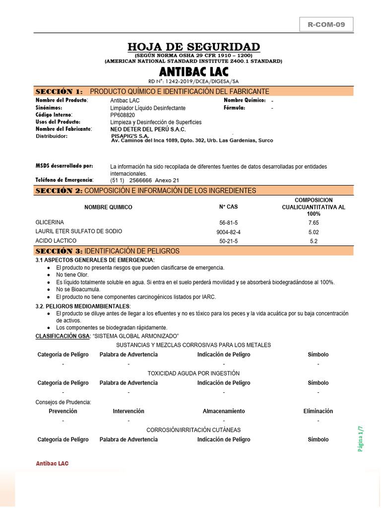 Ficha Técnica de Antibac LAC | PDF | Agua | Residuos