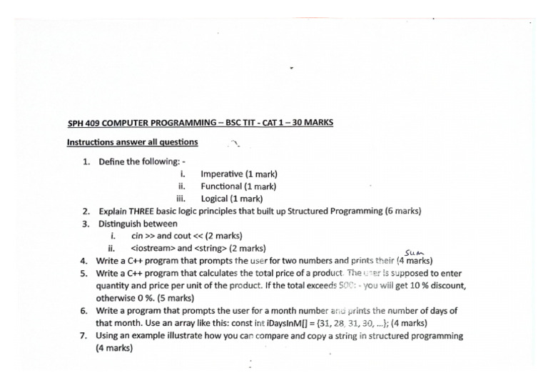 SPH 409 Computer Programming exam | PDF