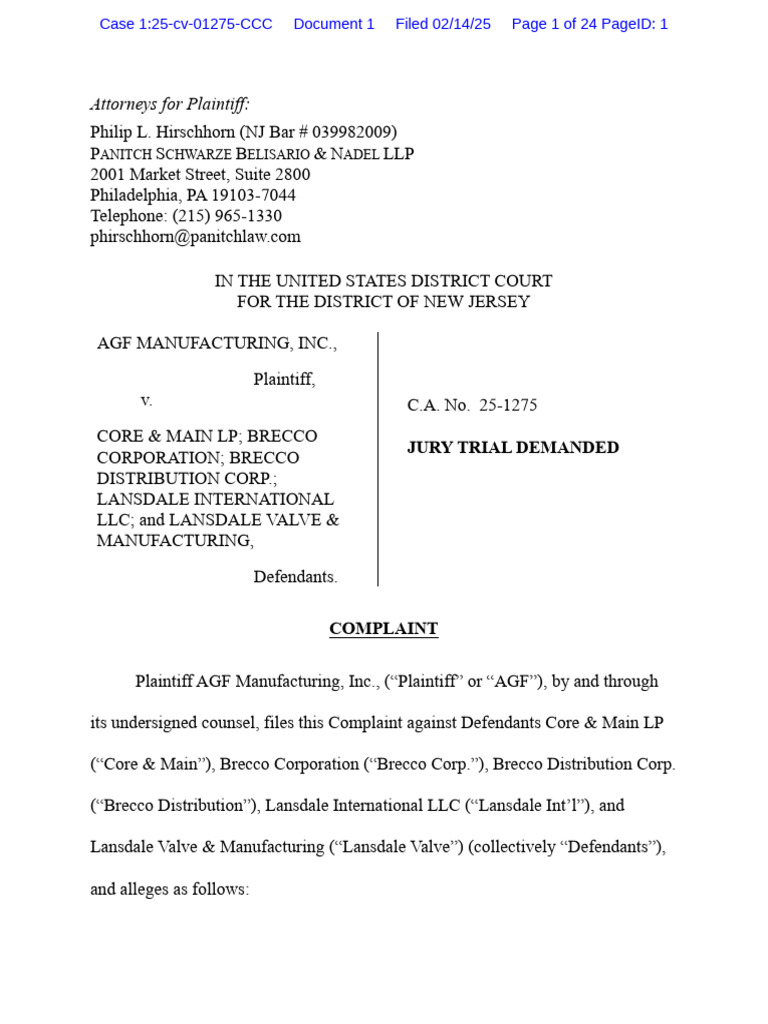 AGF MANUFACTURING, INC. v. CORE & MAIN LP - Complaint | PDF | Legal ...