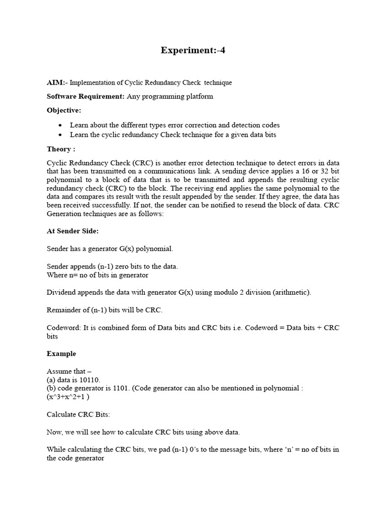 Experiment 4 CRC | PDF | Error Detection And Correction | Computer Science