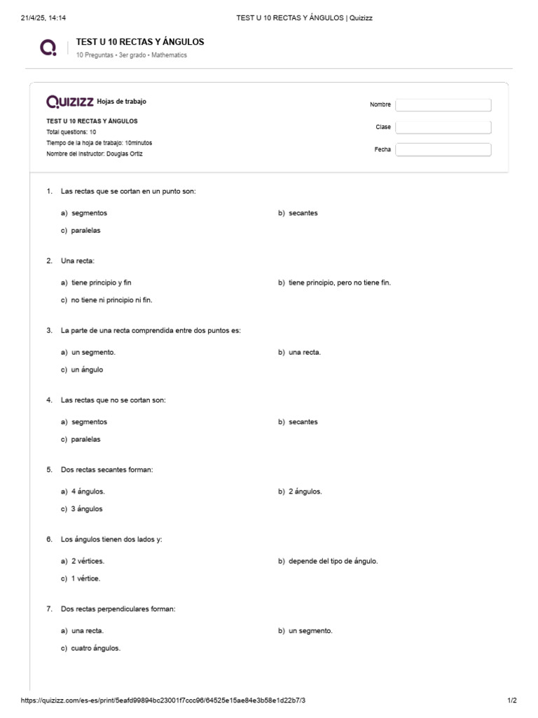 Quizizz - TEST U 10 RECTAS Y ÁNGULOS | PDF | Ángulo | Geometría Elemental