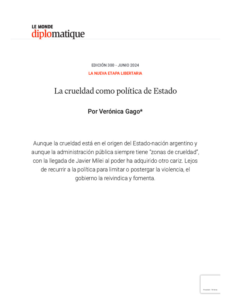 Veronica Gago La Crueldad Como Politica de Estado | PDF | Estado (política) | Violencia