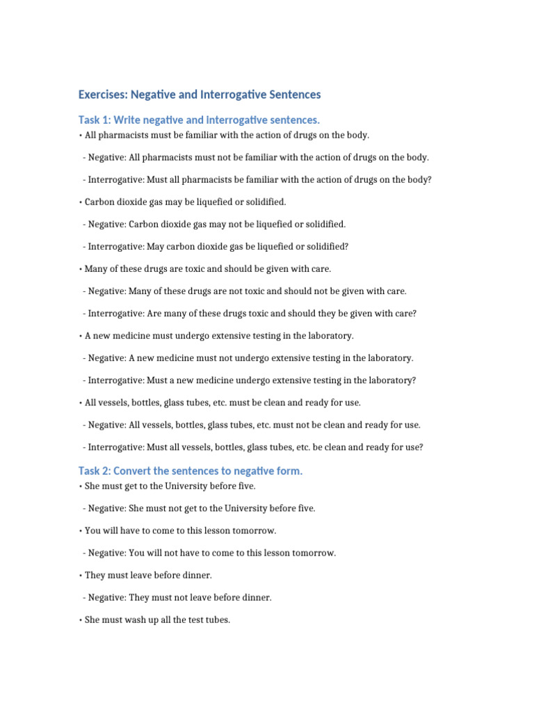 Negative and Interrogative Sentence Exercises | PDF | Chemistry