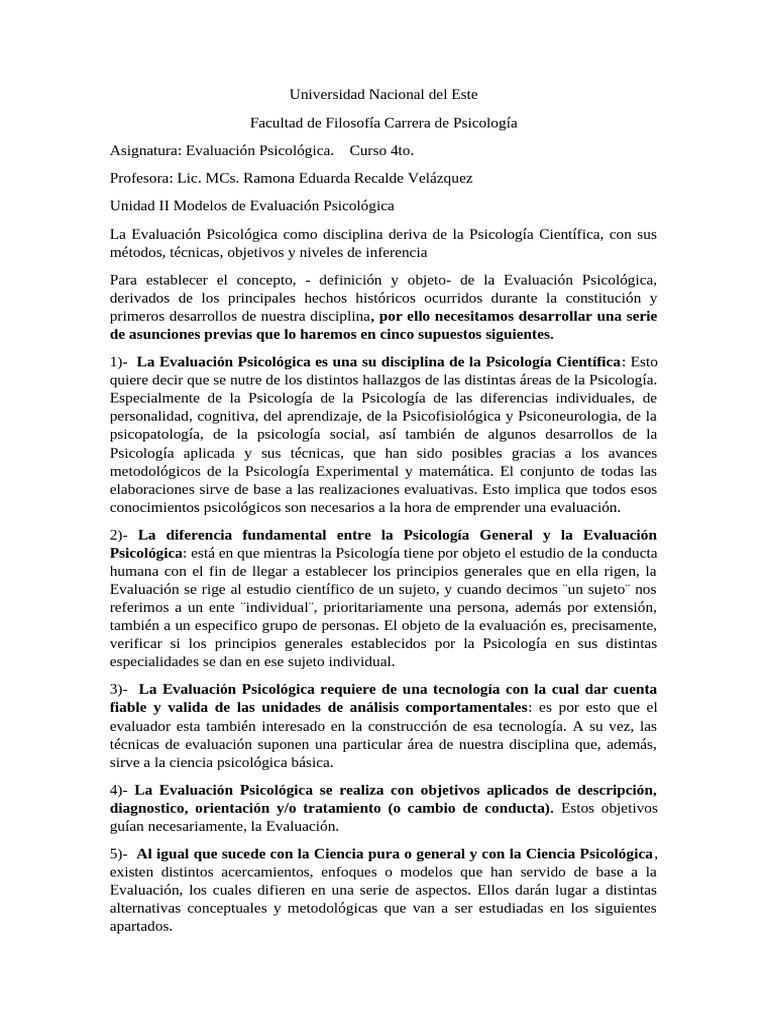 Eval, Psc. Unidad II. Modelos de Evaluación Psicológica 2024 | PDF | Sicología | Comportamiento