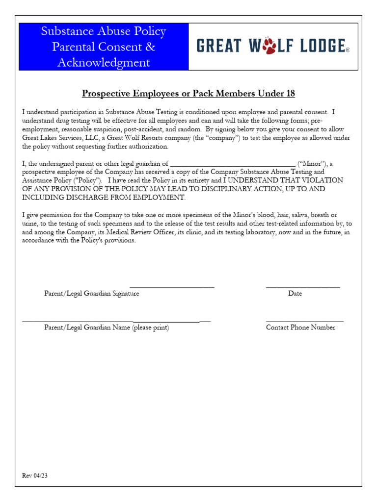 Substance Abuse Policy Consent and Ack - Minor | PDF