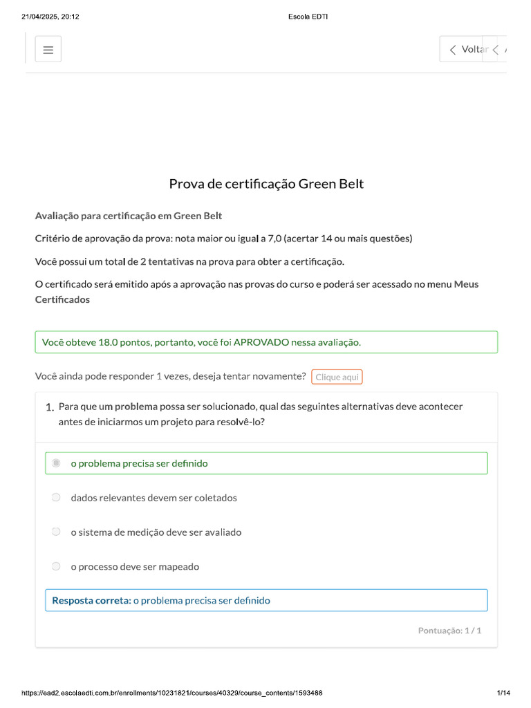 Prova de Certificação Green Belt - Edti - Acerto 18 Pontos | PDF