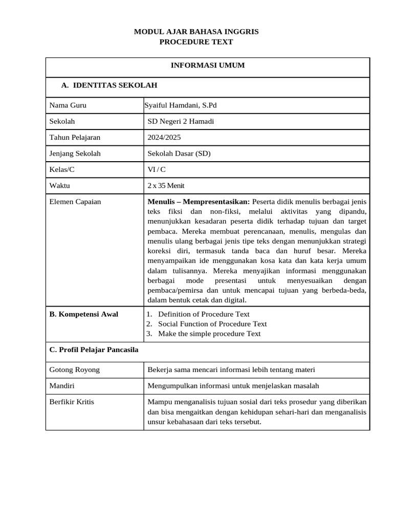 Modul Ajar Prosedure Text | PDF