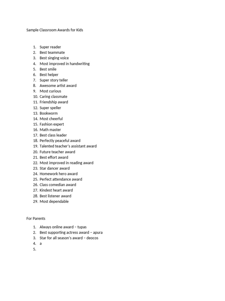 Classroom Awards for Kids List | PDF