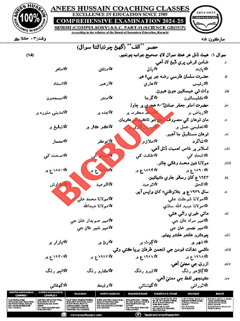 CLASS 10 SINDHI ANEES HUSSAIN PAPER | PDF