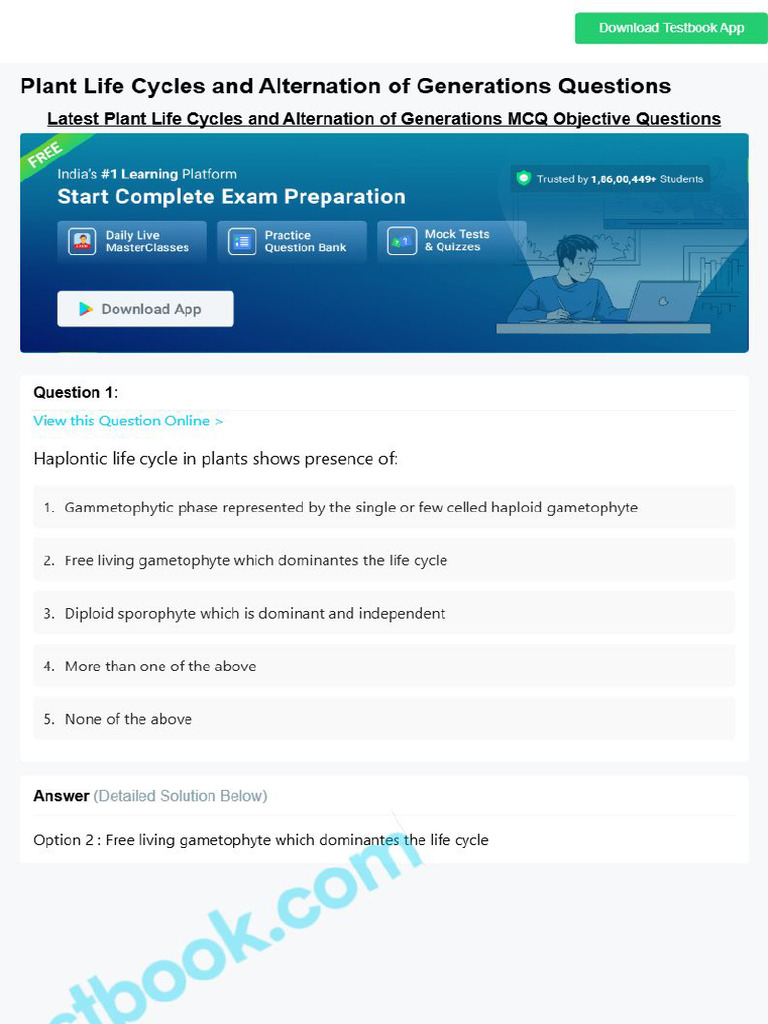 MCQ On Plant Life Cycles and Alternation of Generations | PDF