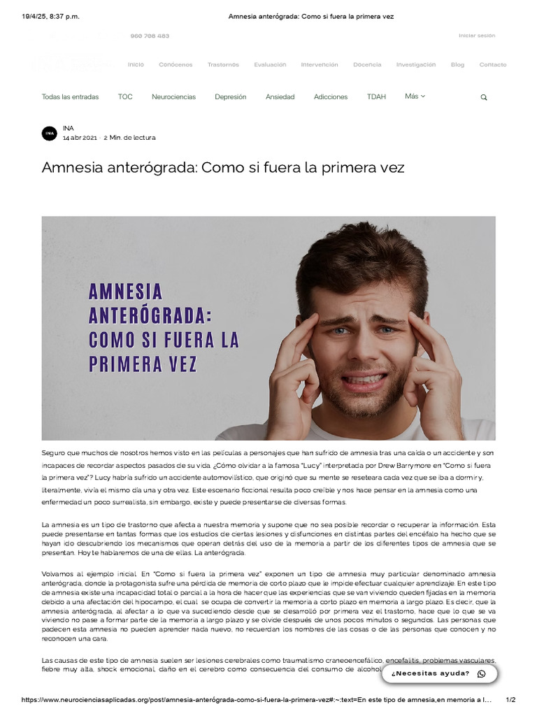 Amnesia Anterógrada - Como Si Fuera La Primera Vez | PDF | Amnesia | Memoria