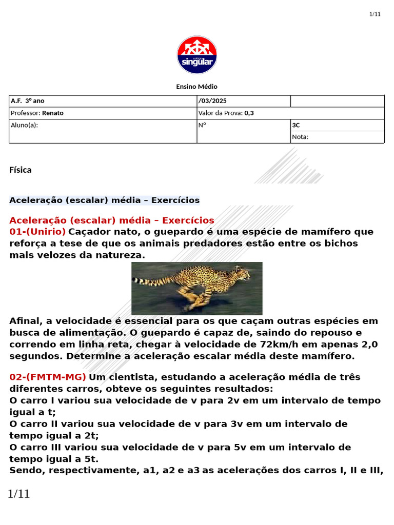 Física: Aceleração (Escalar) Média - Exercícios 01 - (Unirio) | PDF ...