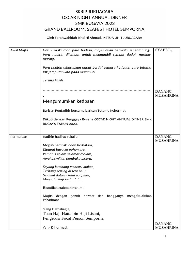 Skrip Majlis Oscar Night SMK Bugaya 2023 | PDF
