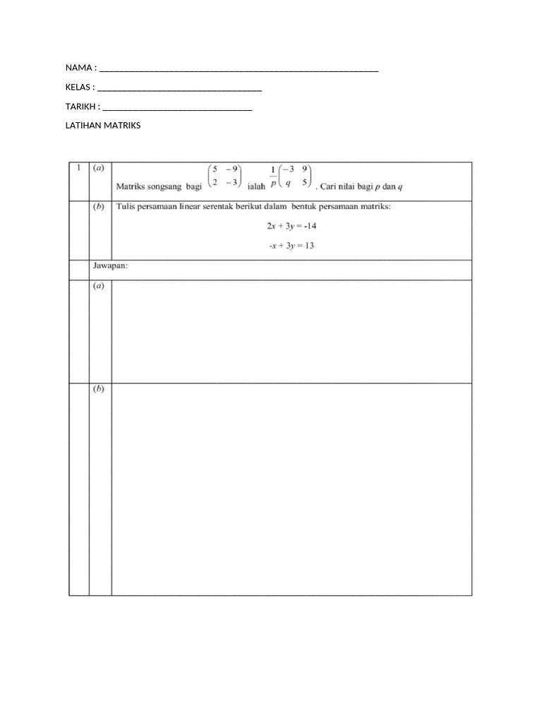 Latihan Matriks Tingkatan 5 | PDF