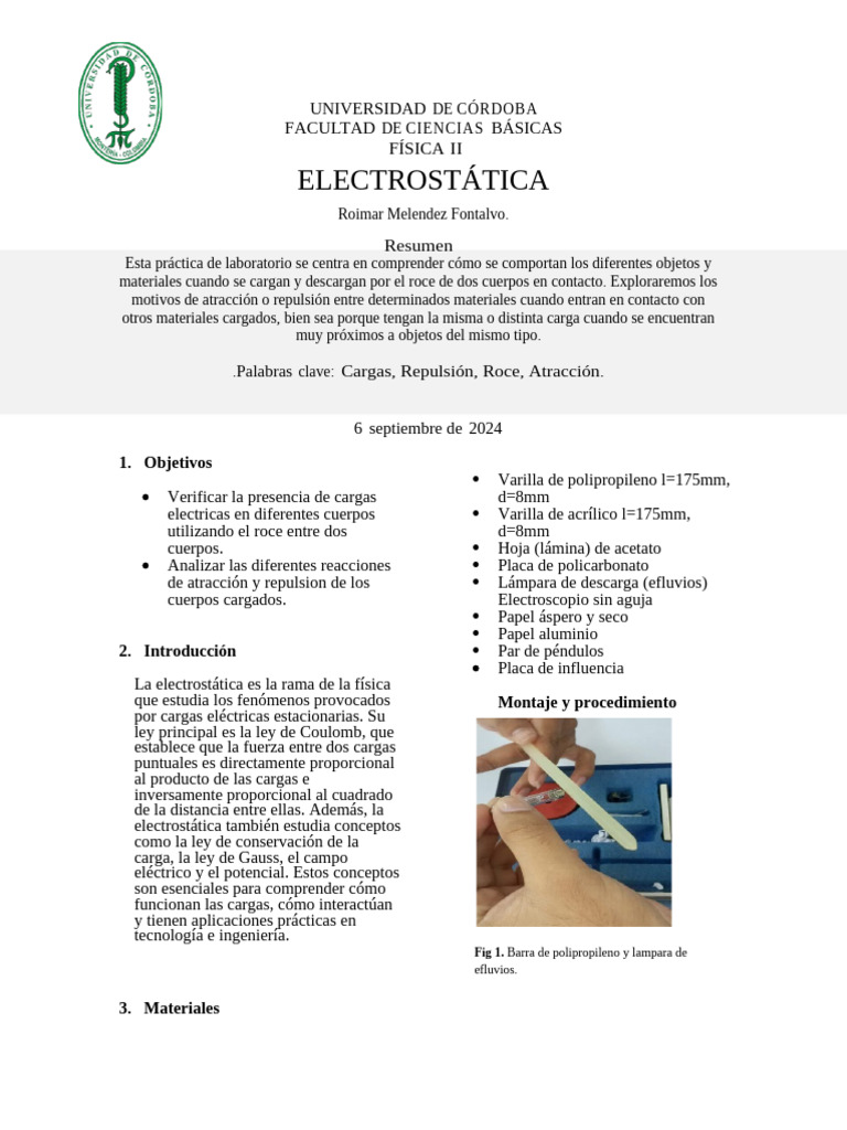 Laboratorio 1. Electrostatica | PDF | Electrostática | Fenomeno fisico