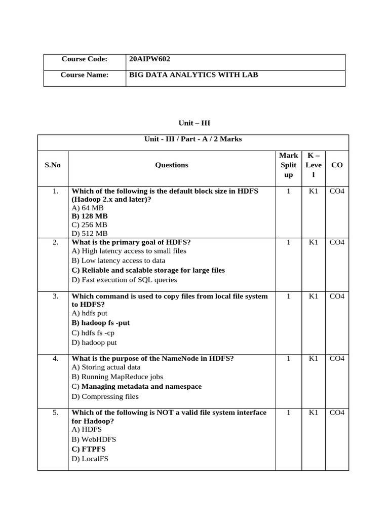 Big Data Analytics: HDFS & MapReduce Quiz | PDF | Apache Hadoop | Scheduling (Computing)