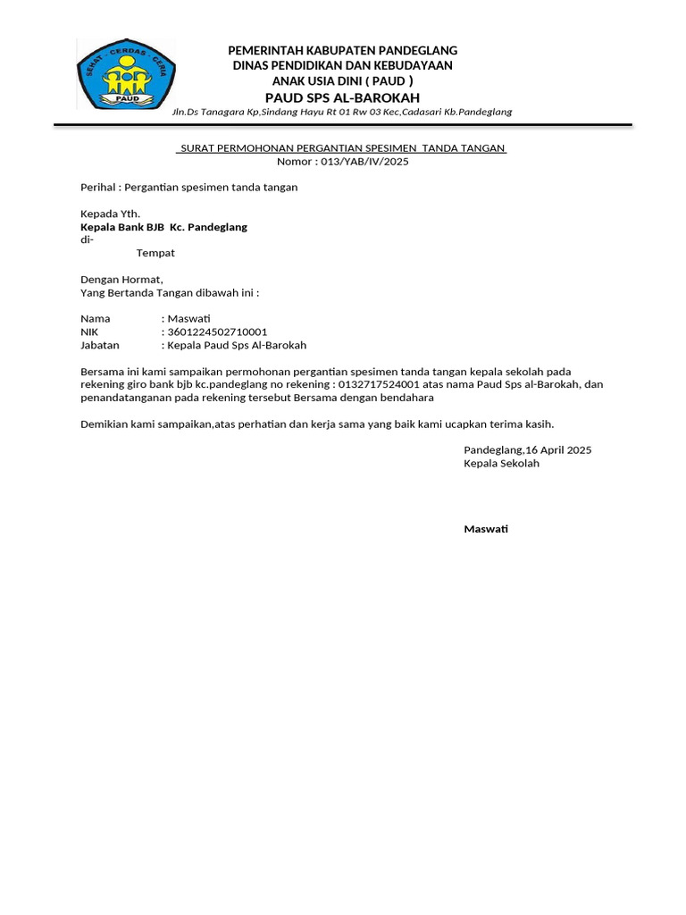 Contoh Spesimen Bank BJB | PDF