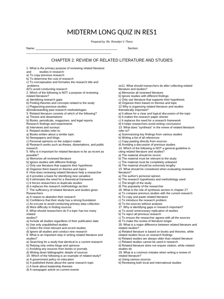 Midterm Long Quiz in Res1 | PDF | Methodology | Empiricism