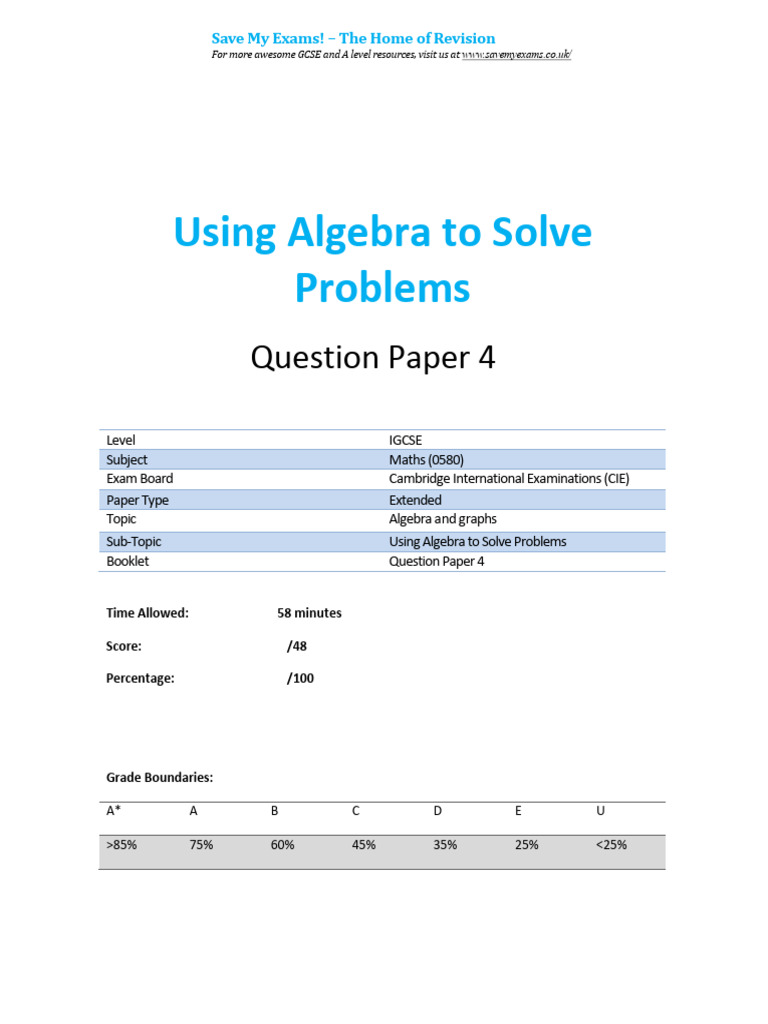 21.4 Using Algebra To Solve Problems - Cie Igcse Maths 0580-Ext Theory ...
