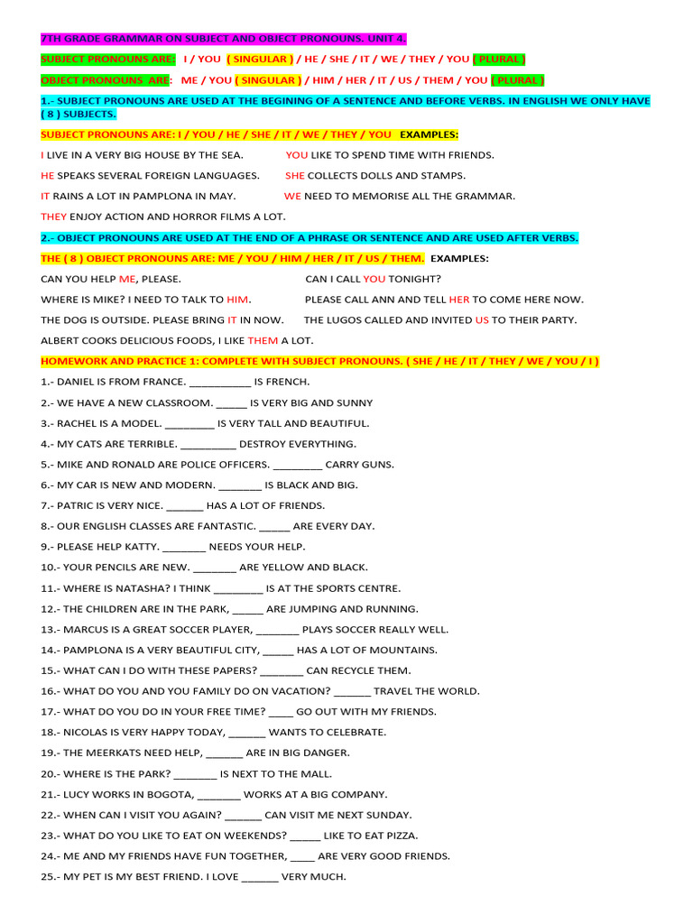 7TH GRADE 2025 GRAMMAR ON SUBJECT AND OBJECT PRONOUNS | PDF ...