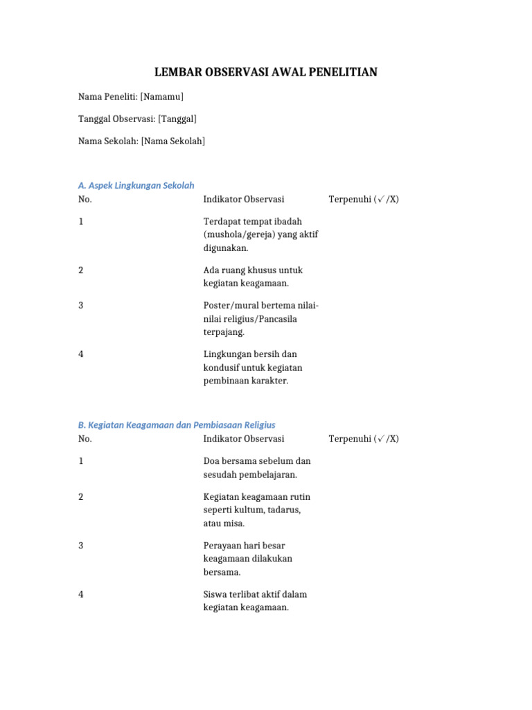 Lembar Observasi Tabel Implementasi Sila Pertama | PDF