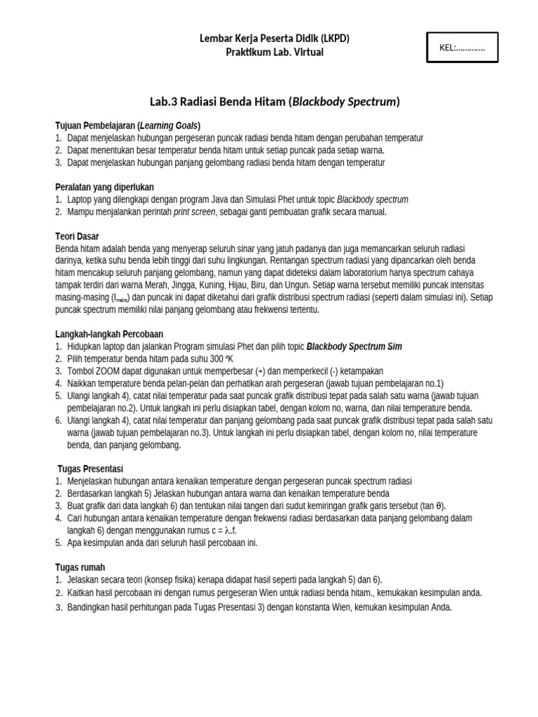 Lab 2-1 LKPD Blackbody Spectrum (PhET) | PDF