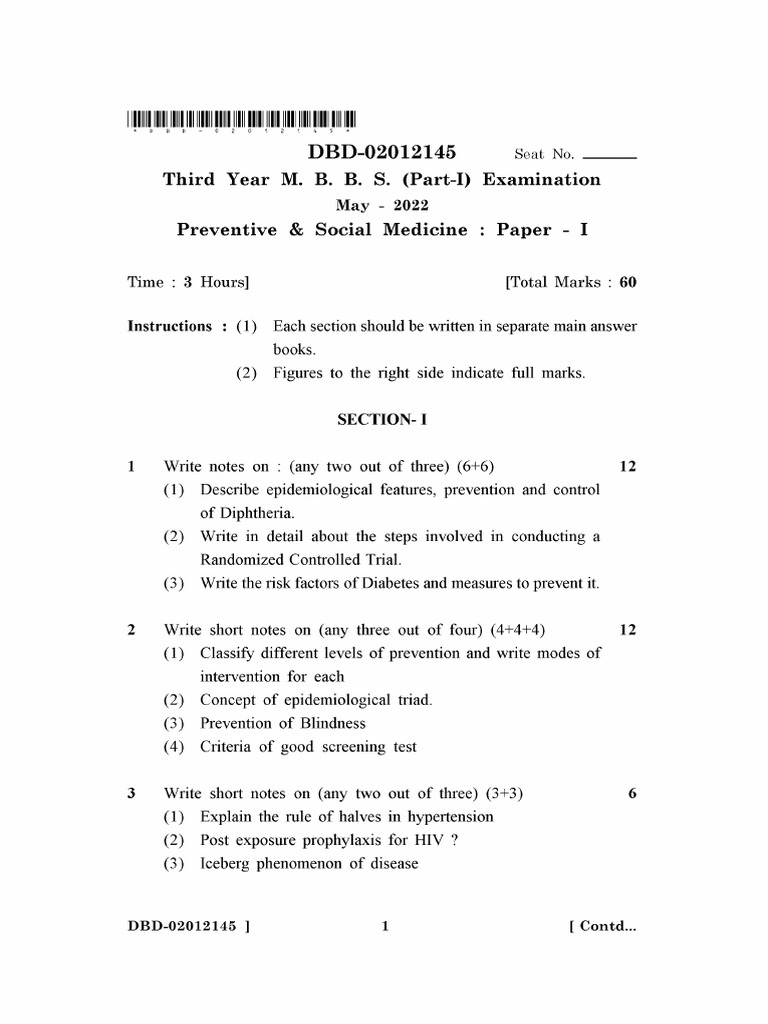 Third Year M. B. B. S. (Part-I) Examination May - 2022 Preventive & Social Medicine - Paper - I ...