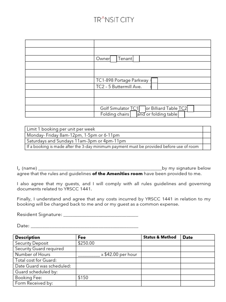 Amenities Reservation Agreement Template | PDF | Fee | Payments