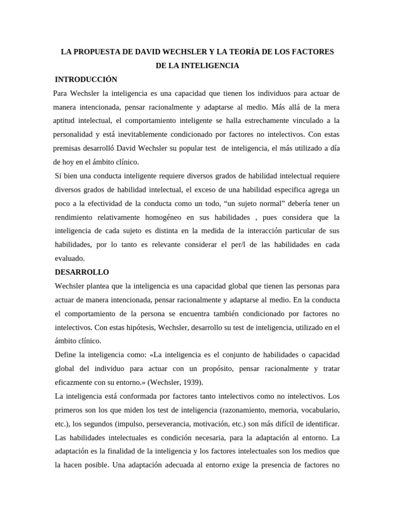Ensayo 1 - La Propuesta de David Wechsler | PDF | Inteligencia | Sicología