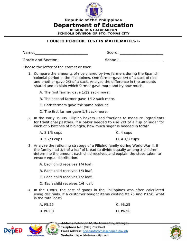 Grade 6 Fourth Periodic Math Test | PDF | Odds | Volume
