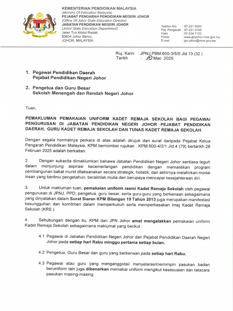 Pemakluman Pemakaian Uniform KRS - PPD Dan Sekolah | PDF