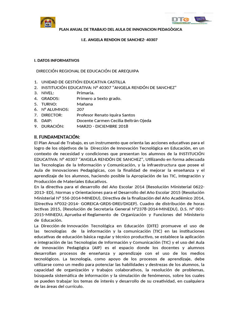 PLAN DE TRABAJO- 40307- AIP 2018 | PDF | Enseñando | Salón de clases