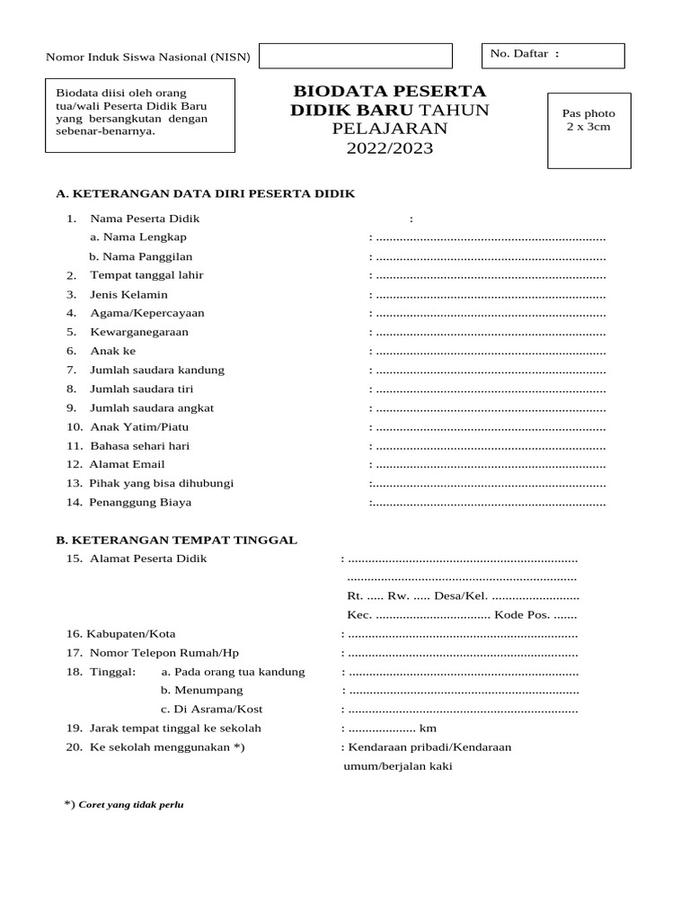 Formulir Biodata Peserta Disik Baru PPDB 2022 2023 | PDF