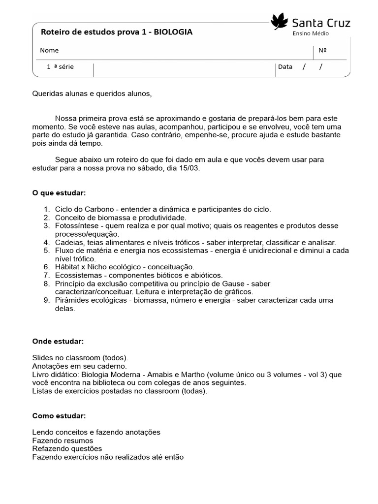 Roteiro de Estudos_prova 1_2025 | PDF