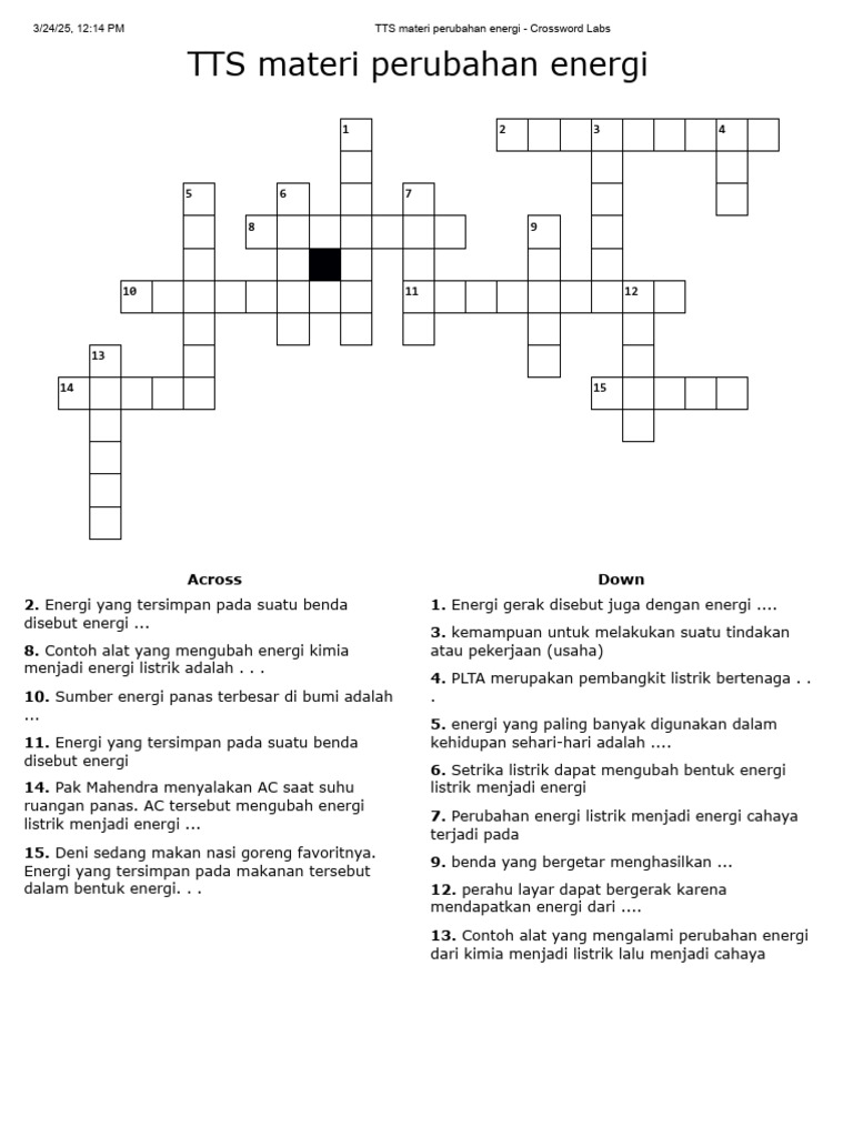 TTS Materi Perubahan Energi - Crossword Labs | PDF